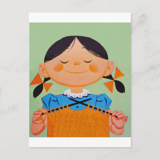 Vintage Retro Girl Knitting Postcard | Zazzle.com