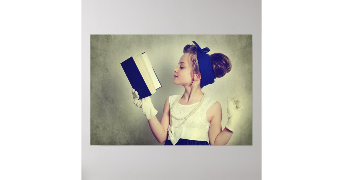 Vintage retro girl reading book poster | Zazzle