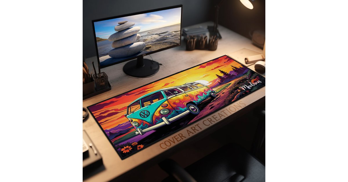 Vintage Retro Groovy Travel Van Desk Mat | Zazzle
