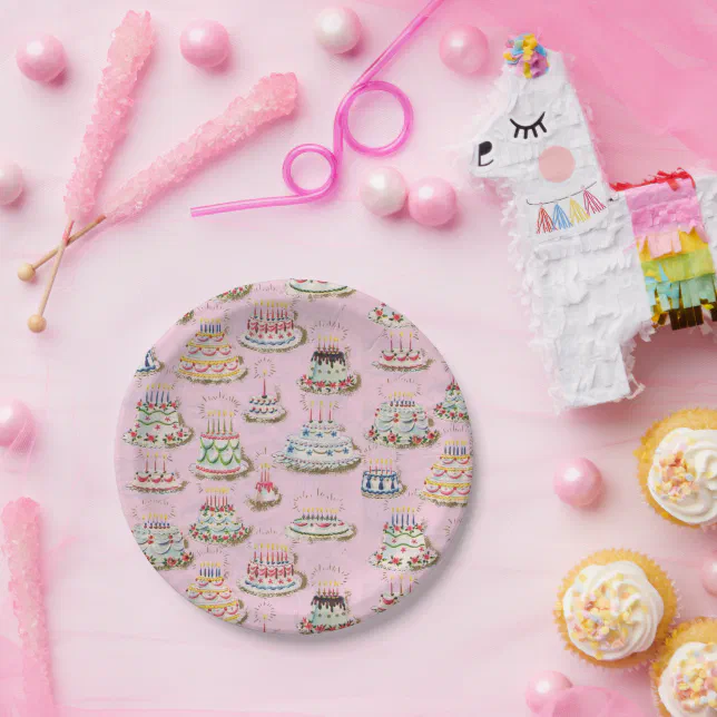 Vintage Retro Happy Birthday Cakes Paper Plates | Zazzle