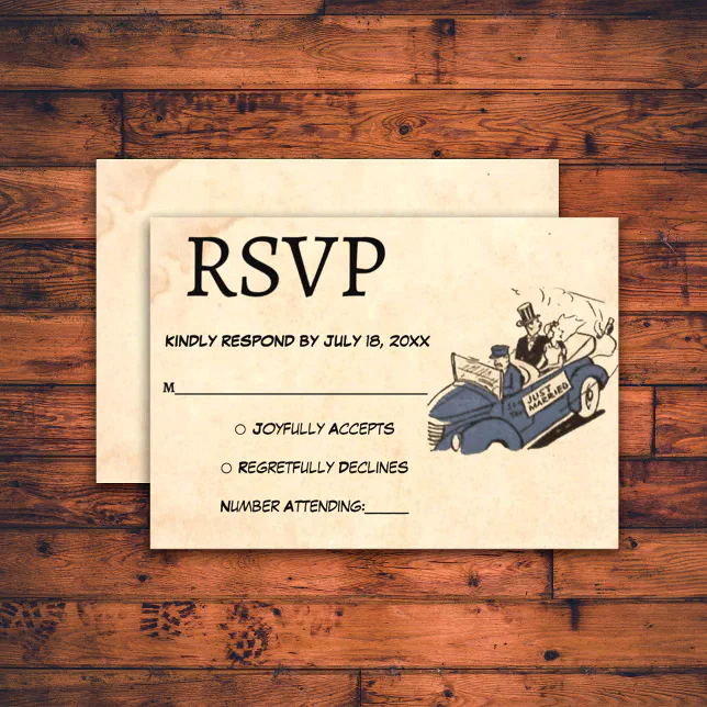 Vintage Retro Just Married Couple Rustic Wedding RSVP Card | Zazzle