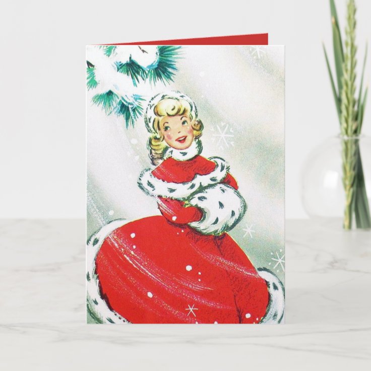 Vintage retro lady Holiday Christmas card | Zazzle