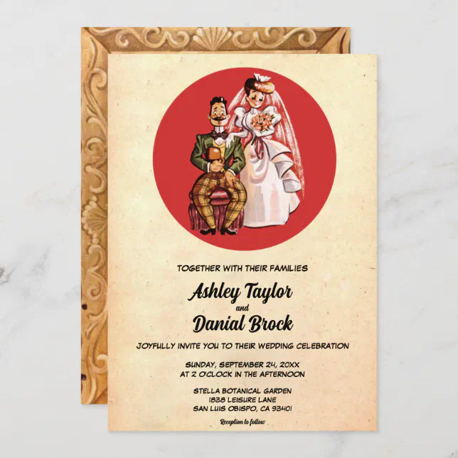 Vintage Retro Old Style Couple 50s Rustic Wedding Invitation | Zazzle