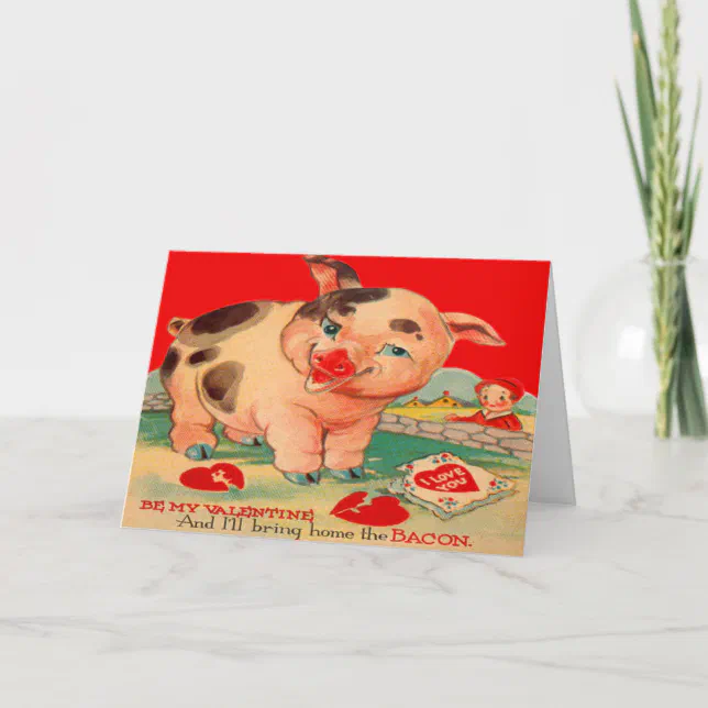 Vintage Retro Pig Bacon Valentine Card | Zazzle