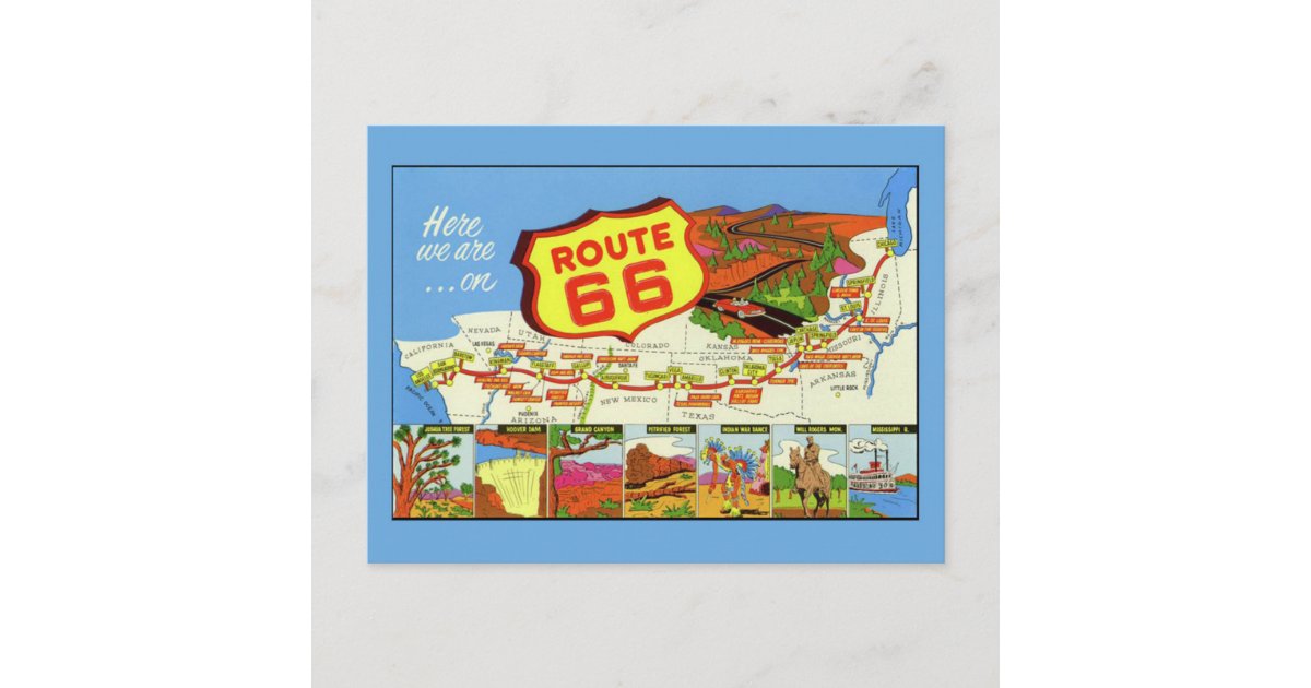 Vintage Retro Route 66 Map Postcard | Zazzle