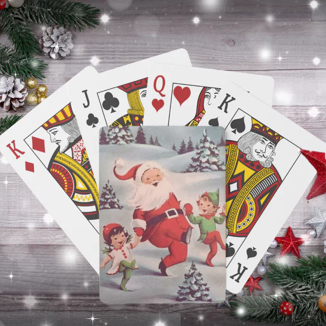 Vintage Retro Santa Dancing with Elves Christmas Poker Cards | Zazzle
