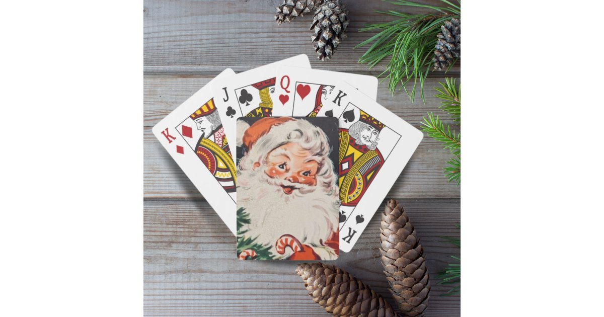 Vintage Retro Santa with Candy Cane Christmas Poker Cards | Zazzle