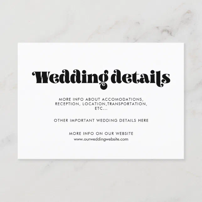 Vintage retro script wedding details card | Zazzle