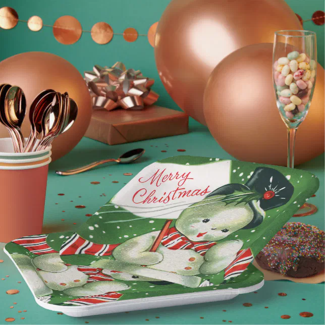 Vintage retro snowman Christmas party plate | Zazzle