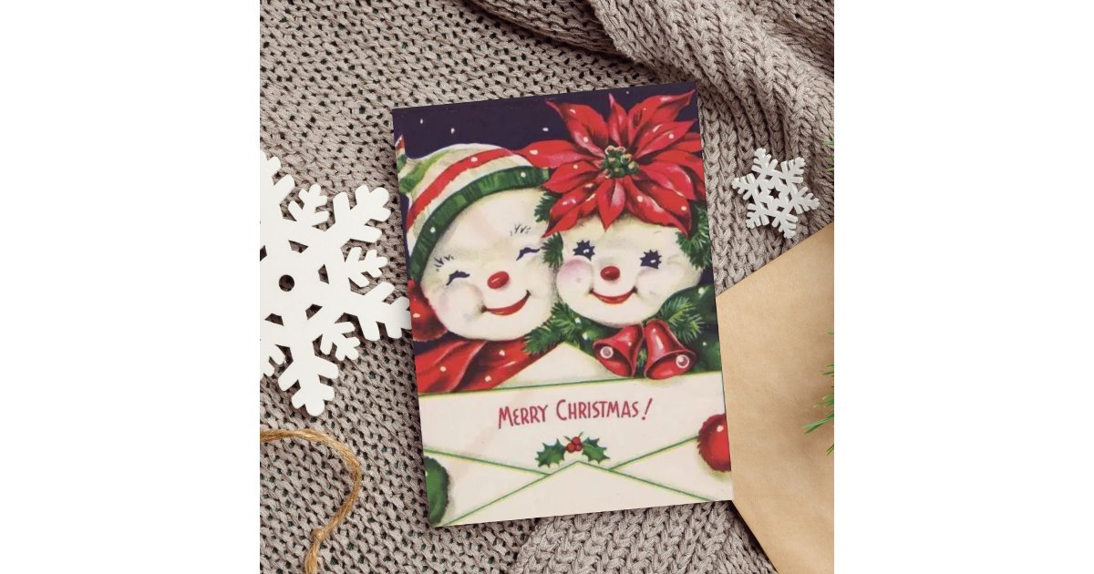 Vintage Retro Snowman Couple Christmas Holiday Card | Zazzle