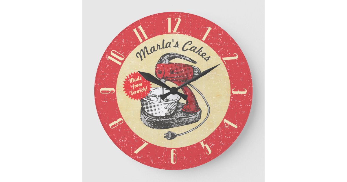 Vintage retro stand mixer personalized kitchen lar large clock | Zazzle