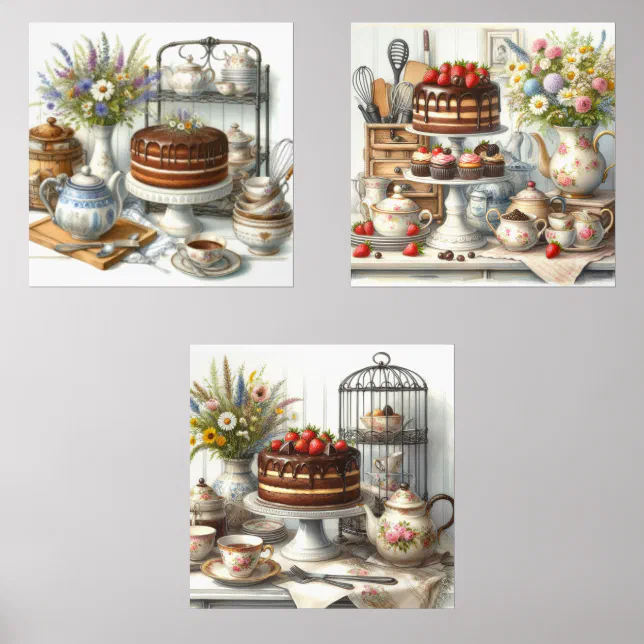 Vintage Retro Tea Time Cake Print Set of 3 | Zazzle