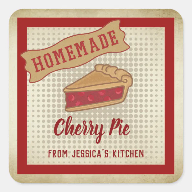 Vintage retro typography homemade cherry pie square sticker | Zazzle