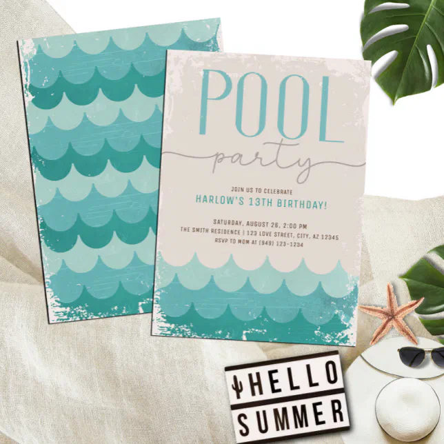 Vintage Retro Waves Pool Party Birthday Invitation | Zazzle