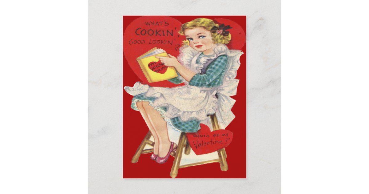 Vintage Retro Woman Cooking Valentine Card | Zazzle
