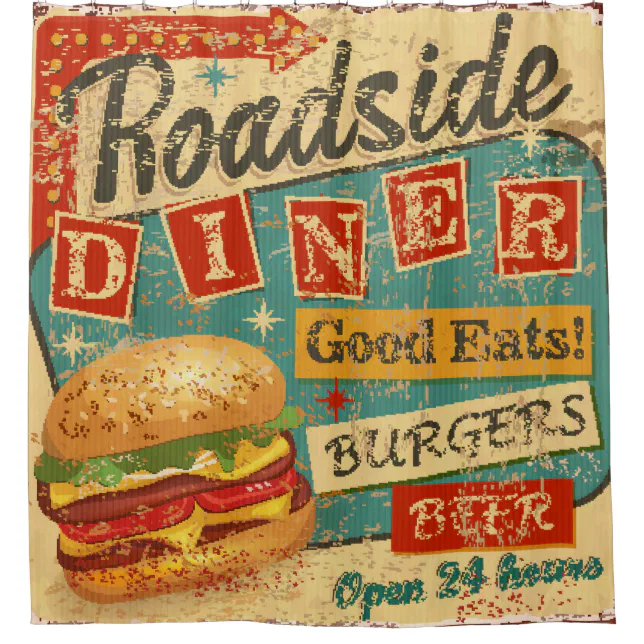 Vintage Roadside Diner metal sign. diner, retro, v Shower Curtain | Zazzle