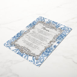 Vintage Rococo Floral Blue White Dinner Menu Foil Invitation | Zazzle