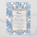 Vintage Rococo Floral Blue White Dinner Menu Foil Invitation | Zazzle