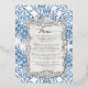 Vintage Rococo Floral Blue White Dinner Menu Foil Invitation | Zazzle
