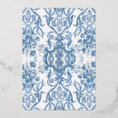Vintage Rococo Floral Blue White Dinner Menu Foil Invitation | Zazzle
