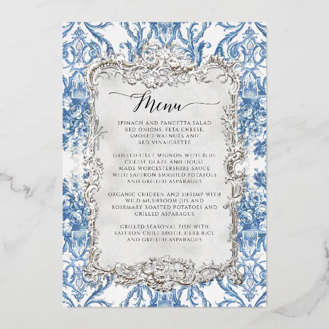 Vintage Rococo Floral Blue White Dinner Menu Foil Invitation | Zazzle