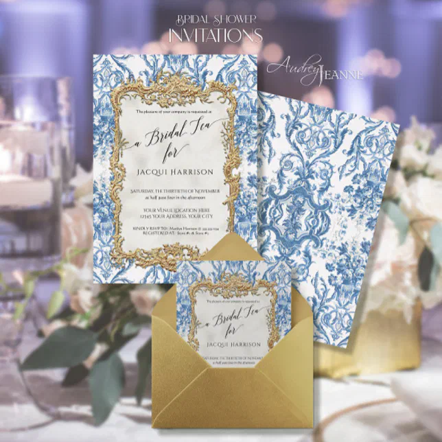 Vintage Rococo Floral Blue White Gold Bridal Tea Foil Invitation | Zazzle