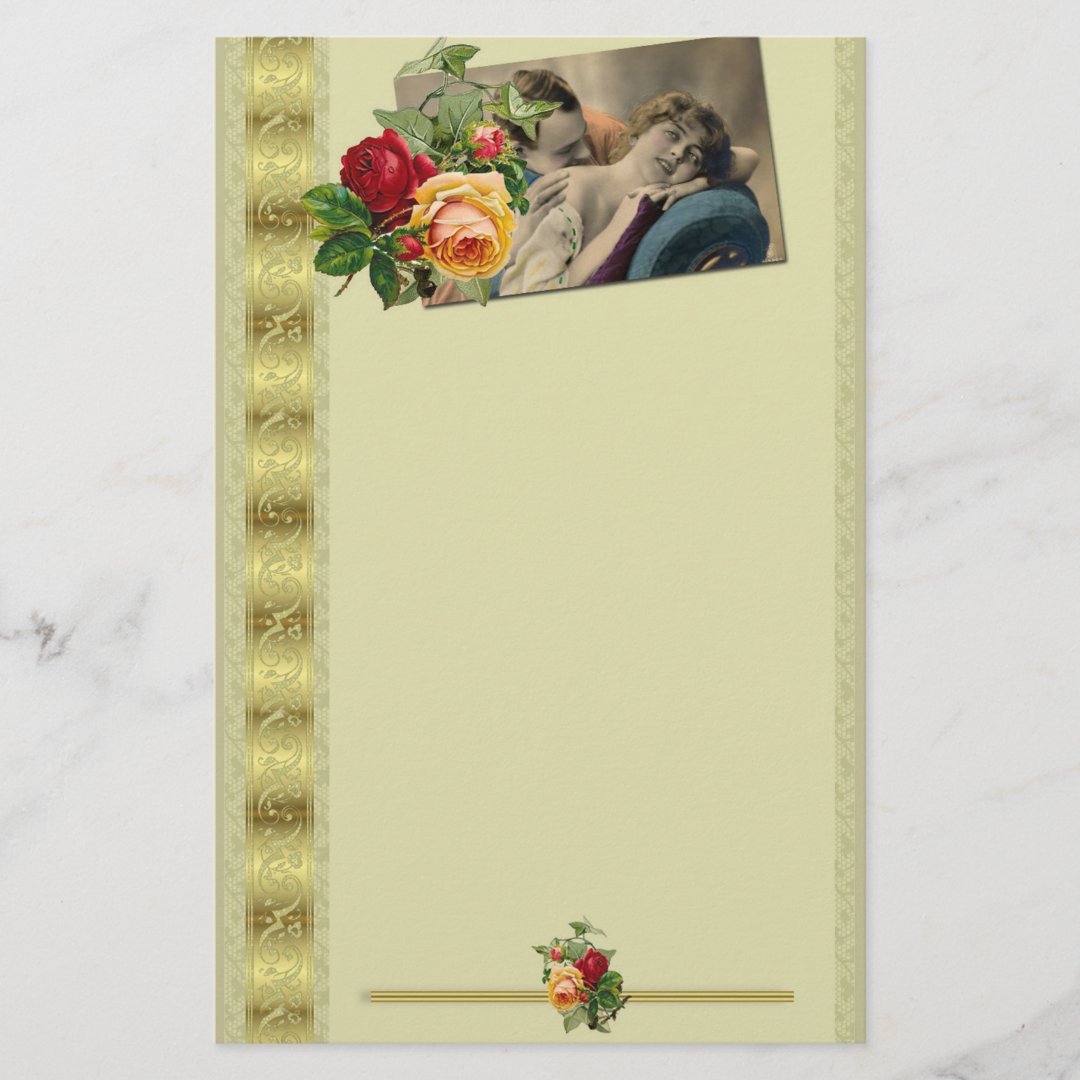 Vintage Romance Postcard & Roses Gold Edge Stationery | Zazzle