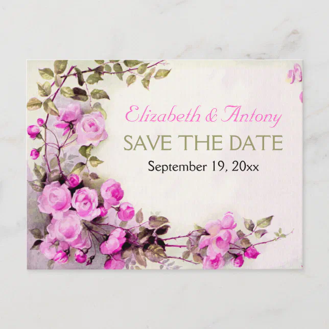Vintage romantic pink roses wedding Save the Date Announcement Postcard ...