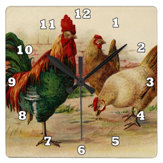 Vintage rooster and chickens Country wall decor Square Wall Clock ...