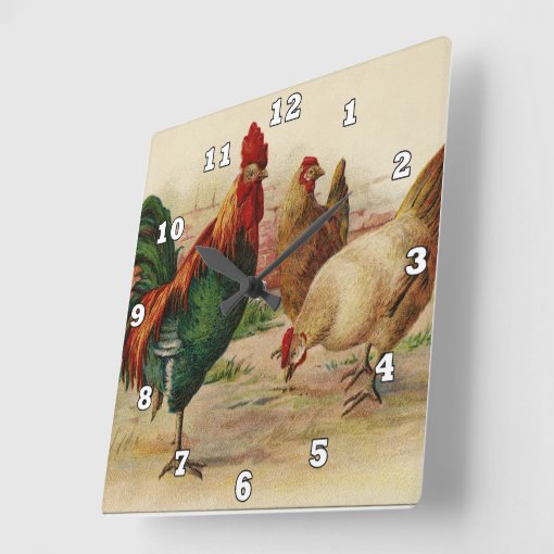 Vintage rooster and chickens Country wall decor Square Wall Clock | Zazzle