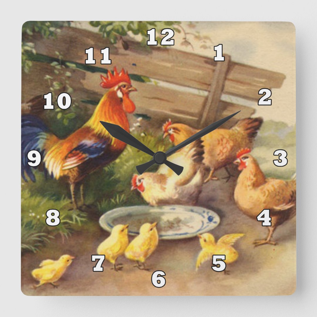 Vintage rooster and chickens Country wall decor Square Wall Clock | Zazzle