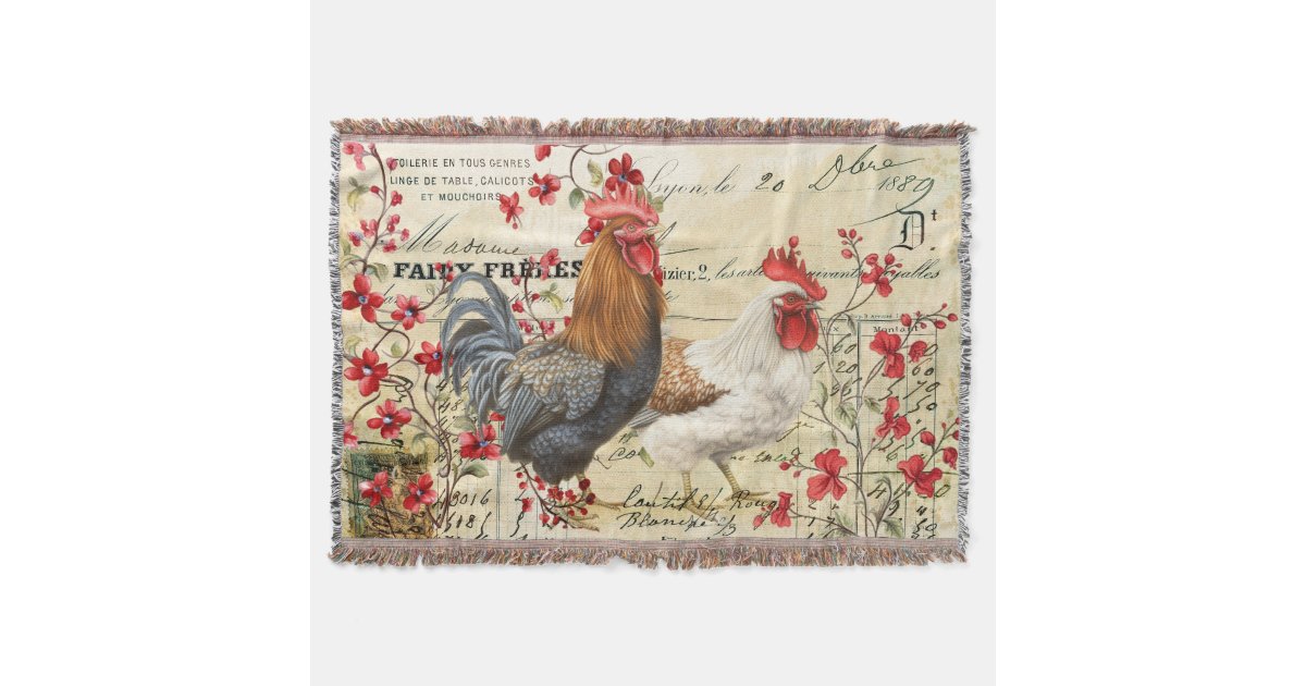 Vintage Rooster and Hen Ephemera Throw Blanket | Zazzle