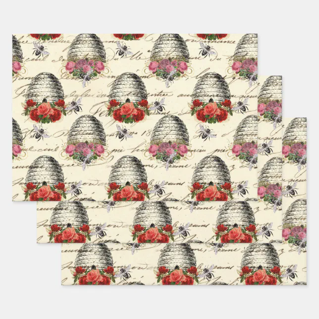 Vintage Rose and Beehive Wrapping Paper Sheets | Zazzle