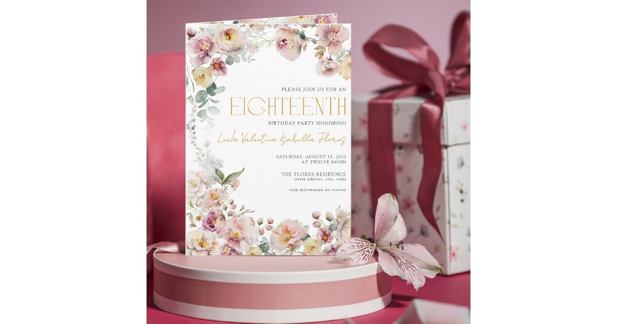 Vintage Rose Gold Flowers Candles 18th Birthday QR Invitation | Zazzle
