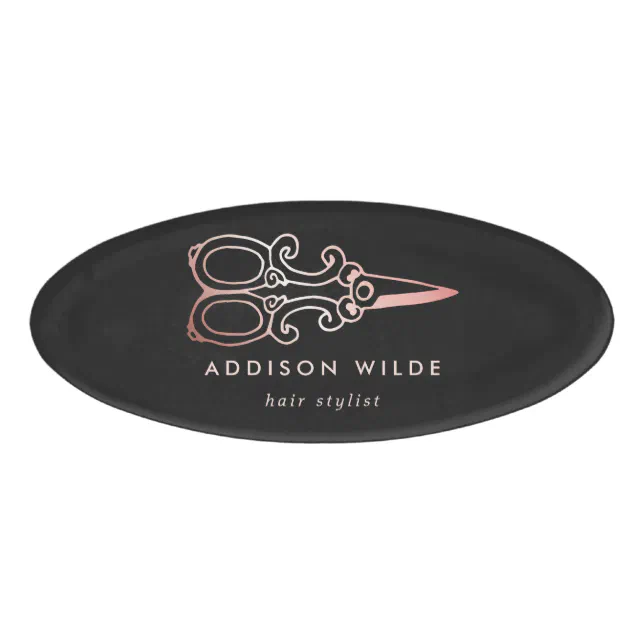 Vintage Rose Gold Scissors Hair Stylist Business Name Tag | Zazzle