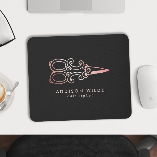 Vintage Rose Gold Scissors Hair Stylist Logo Mouse Pad | Zazzle