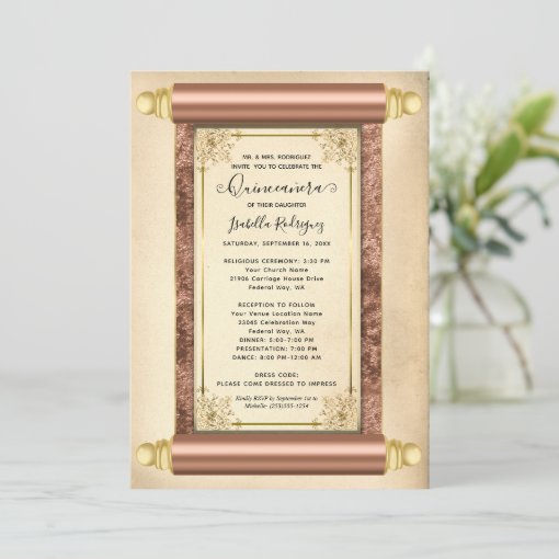Vintage Rose Gold Scroll Elegant Quinceañera Invitation | Zazzle