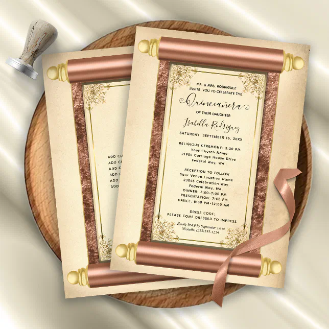 Vintage Rose Gold Scroll Elegant Quinceañera Invitation | Zazzle
