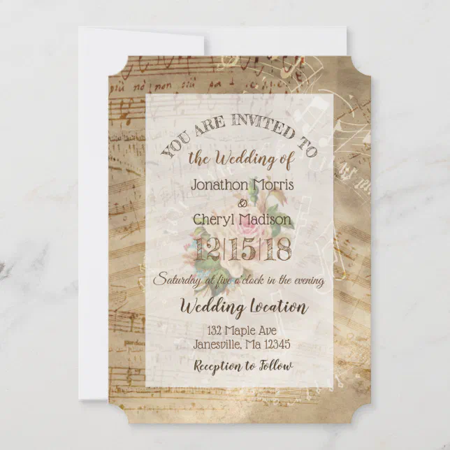 Vintage Rose Musical Notes Wedding Invitation | Zazzle
