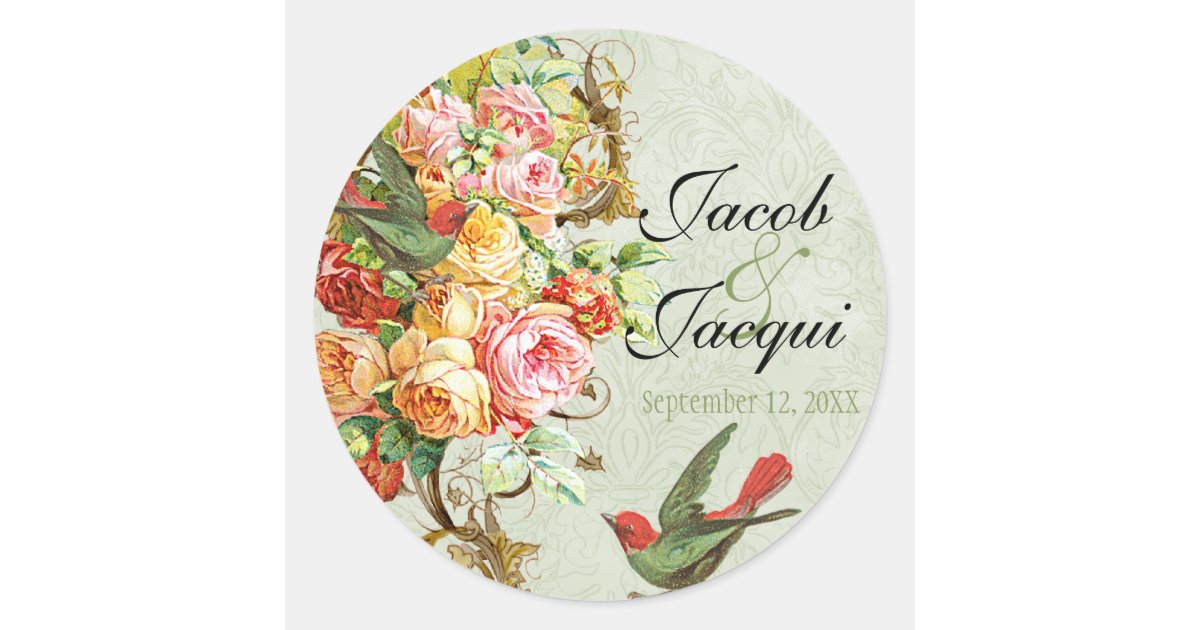 Vintage Rose n birds, Sticker Seal Save the Date | Zazzle
