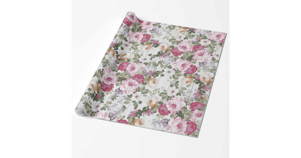 Vintage rose pink floral rustic white wood pattern wrapping paper | Zazzle
