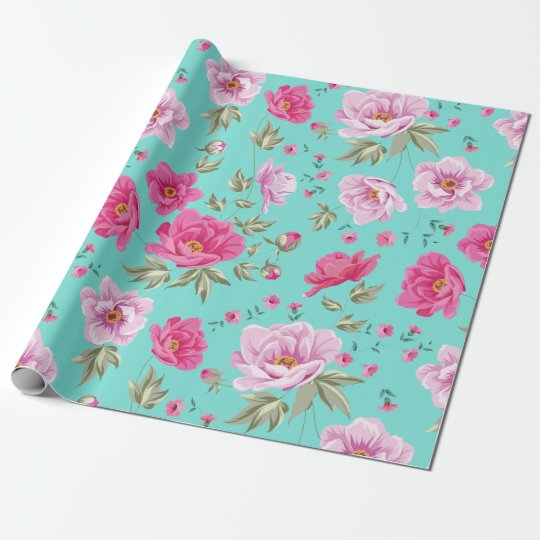 Vintage rose pink teal spring floral pattern wrapping paper | Zazzle.com