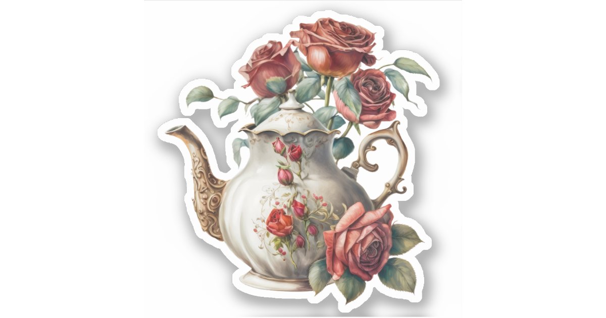 Vintage Rose Teapot Sticker | Zazzle