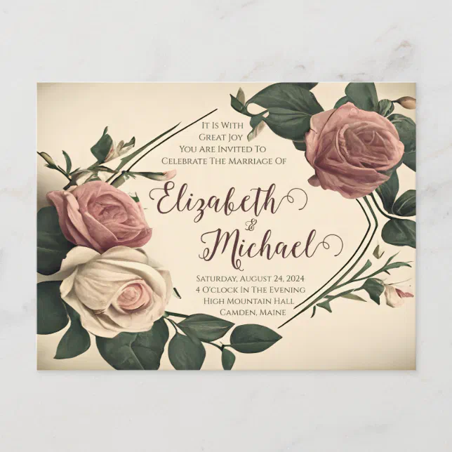 Vintage Rose Wedding Invitation Postcard | Zazzle