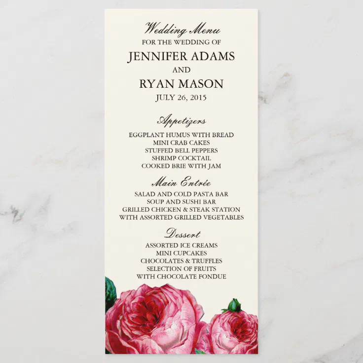 VINTAGE ROSE | WEDDING MENU CUSTOM RACK CARDS | Zazzle