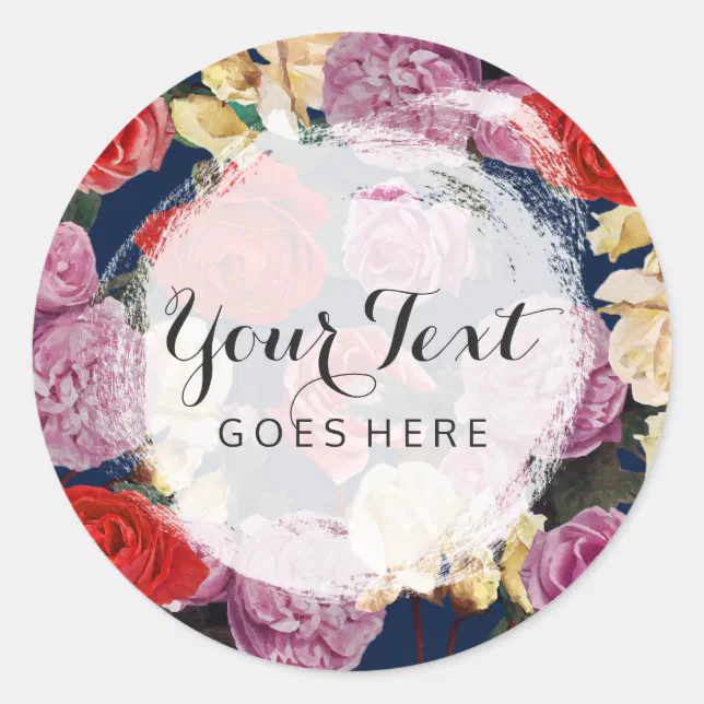 Vintage Roses Floral & Navy Trendy Modern Florist Classic Round Sticker ...