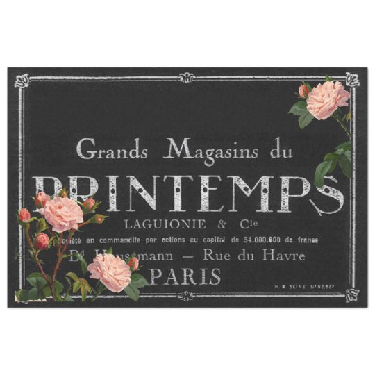 Vintage Roses French Typography Black Decoupage Tissue Paper | Zazzle.com
