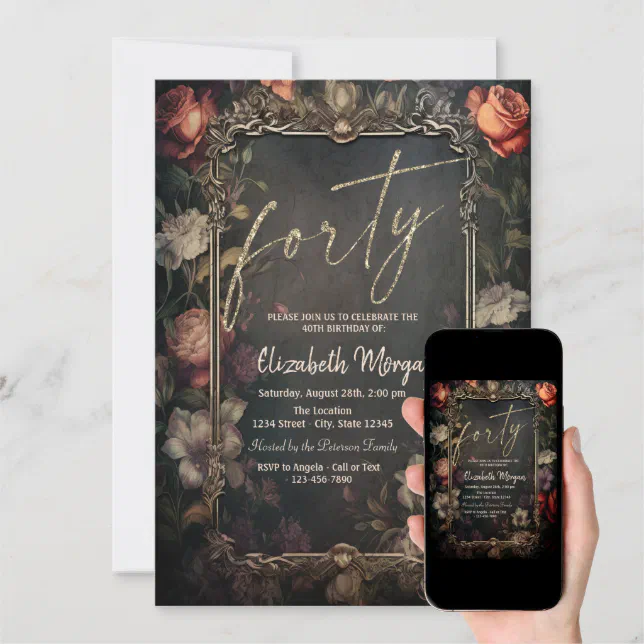 Vintage Roses Gothic 40th Birthday Invitation | Zazzle