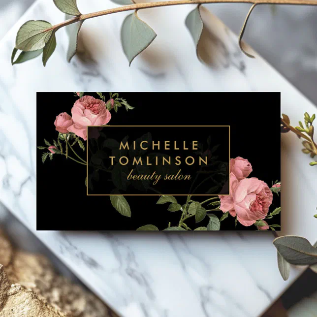 Vintage Roses on Black Business Card | Zazzle