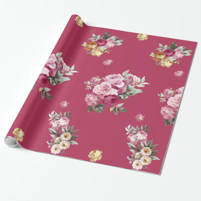 Vintage Roses on Pink Wrapping Paper | Zazzle